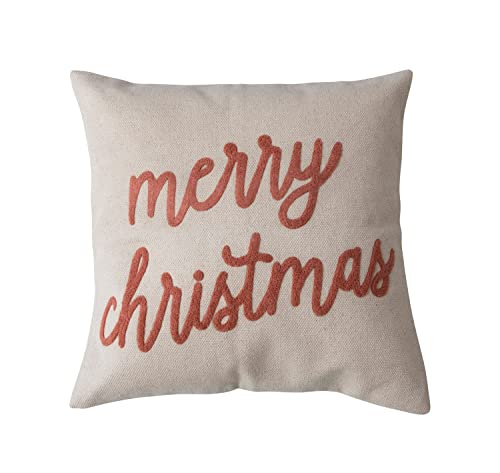 Creative Co-Op Square Cotton Pillow with "Merry Christmas" Embroidery, Cream and Sienna