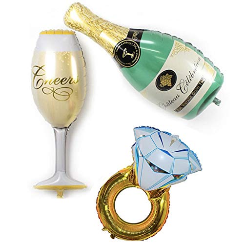 CheeseandU 3Packs Party Large Foil Balloons - Green Bottle & Champagne goblet & Diamond Ring for Bar Valentines Wedding Decors Aluminium Balloon Birthday Party Decoration Supplies (STY-4)