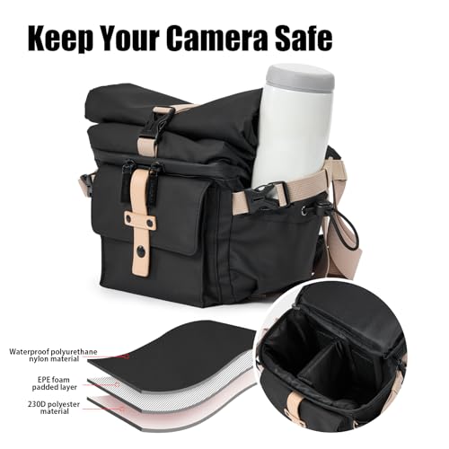 Cwatcun Compact Waterproof Camera Bag Small Shoulder Camera Messenger Bag with Tripod Holder, Travel Expansion Photography Bag for Canon, Nikon, Sony, Fuji DSLR SLR Mirrorless Camera, Lens