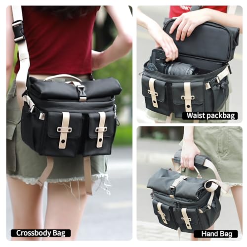 Cwatcun Compact Waterproof Camera Bag Small Shoulder Camera Messenger Bag with Tripod Holder, Travel Expansion Photography Bag for Canon, Nikon, Sony, Fuji DSLR SLR Mirrorless Camera, Lens