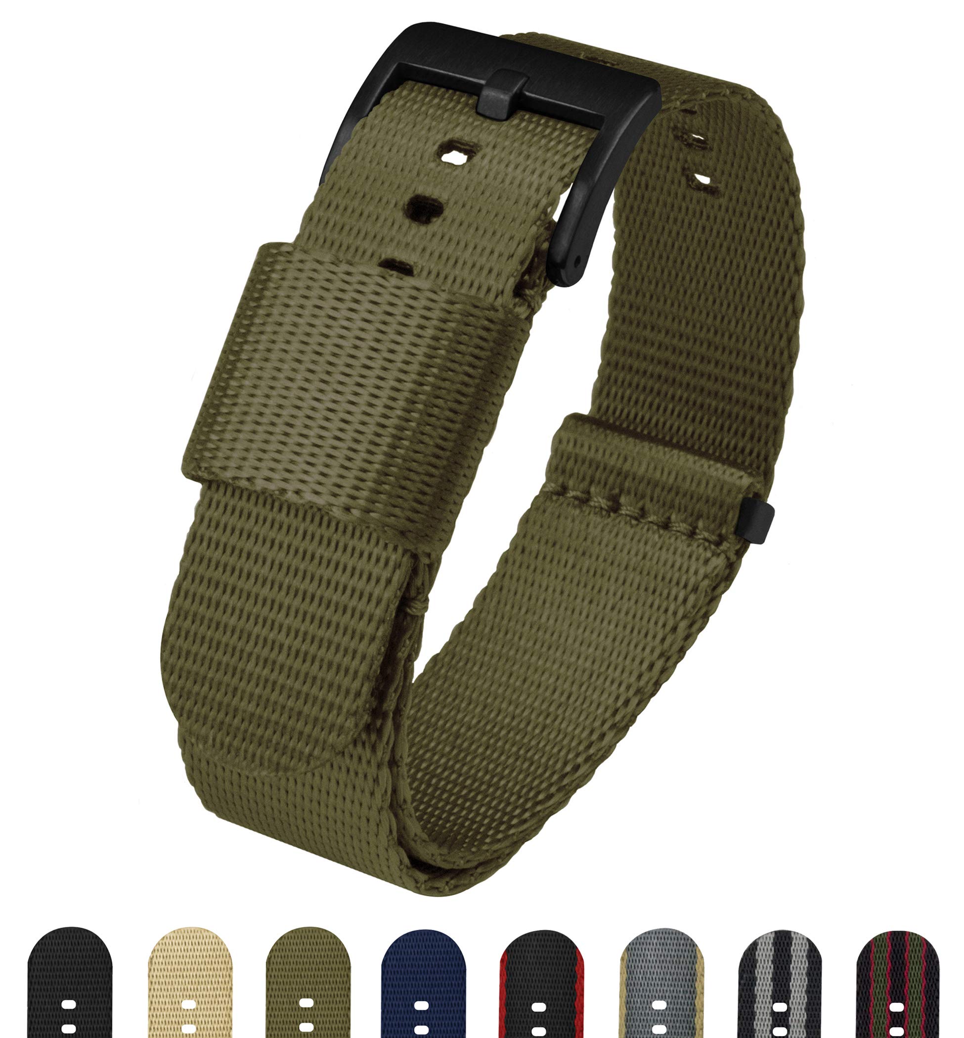 BARTON WATCH BANDS, 24mm Army Green - Elite NATO® Style Watch Strap - Black Buckle - Seat Belt Nylon Watch Bands