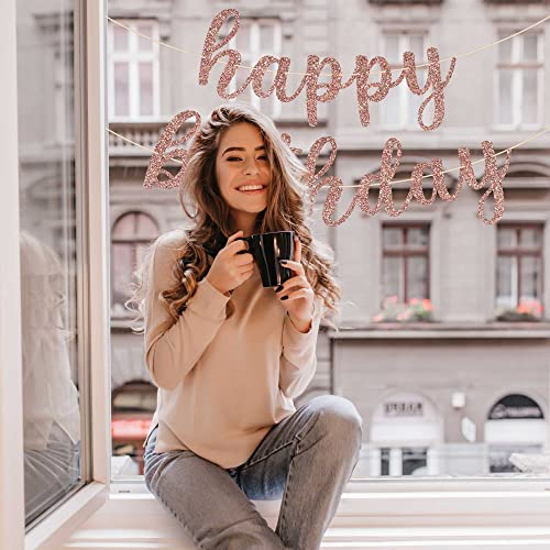 Pre-Strung Happy Birthday Banner - NO DIY - Rose Gold Glitter Birthday Banner in Script - Pre-Strung Garland on 6 ft Strands - Rose Gold Birthday Party Decorations & Decor. Did we mention no DIY?