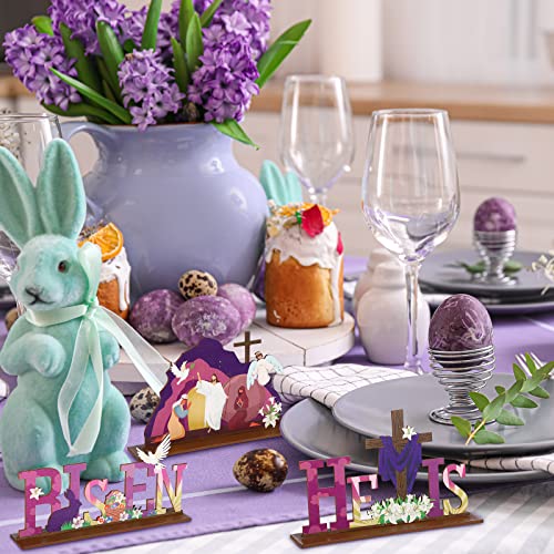 4 Pcs Easter Table Decorations He Is Risen Tabletop Decorations Easter Resurrection Scene Wooden Signs Jesus Cross He Lives Table Centerpiece for Easter Religious Party Holiday Decor