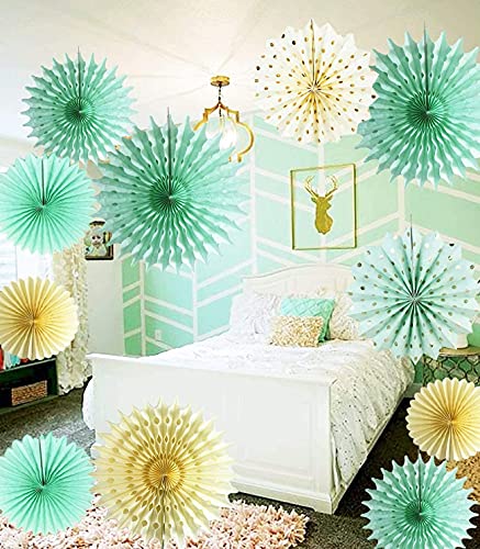 Mint Gold Birthday Decorations for Women Mint Cream Gold Polka Dot Paper Fans for Trial Baby Shower Decorations Mint Gold Wedding/Mint First Birthday Bridal Shower Decorations