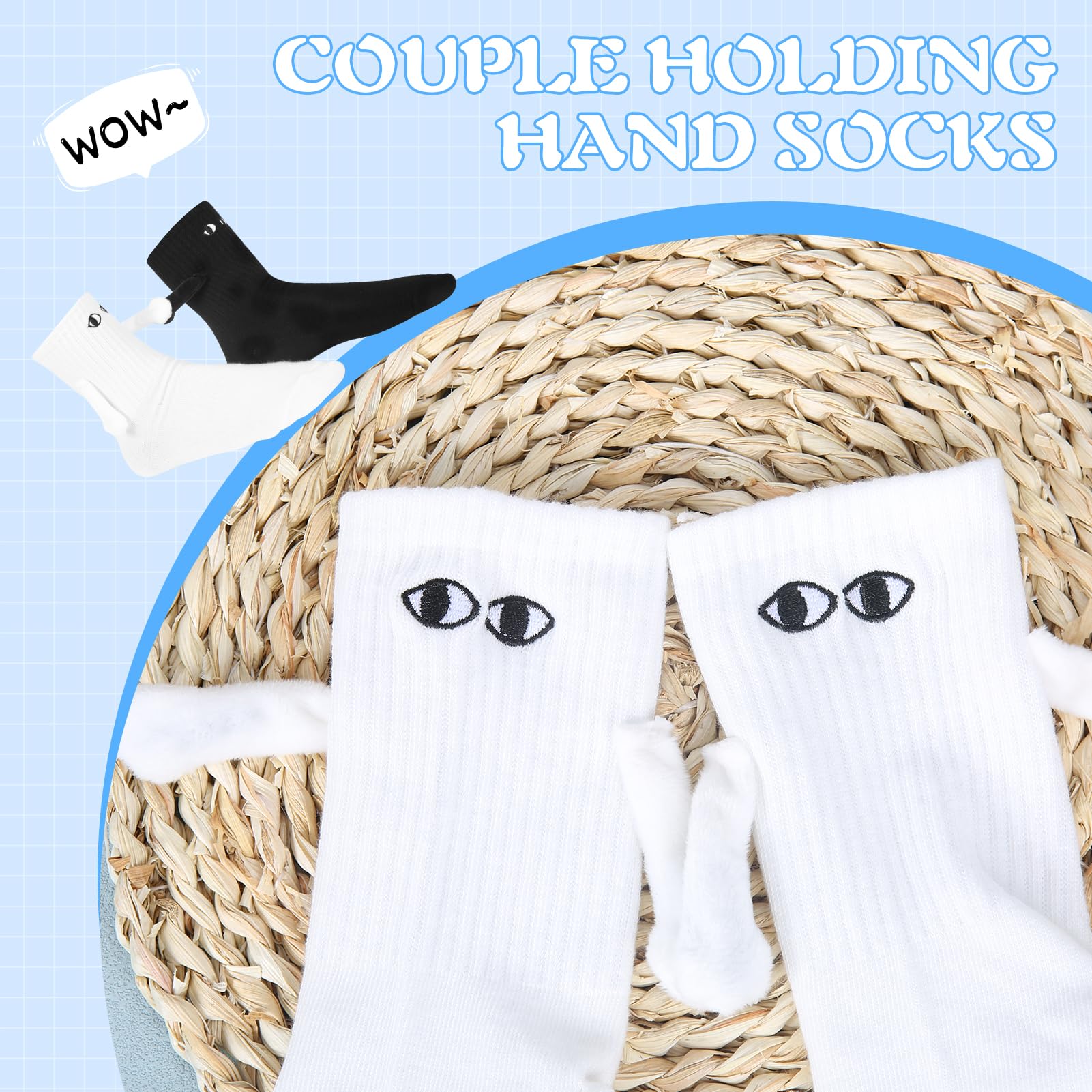 ahishfoneya Hand in Hand Socks Friendship Socks, 2 Pairs Magnetic Socks Hand Hold Friend Socks Funny 3D Doll Couple Socks (Cotton, A)