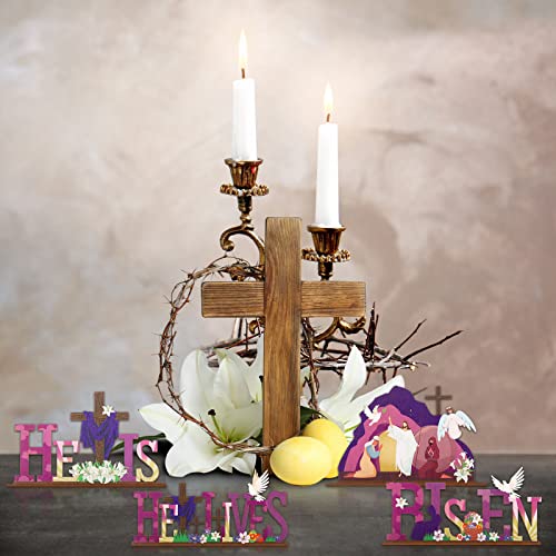 4 Pcs Easter Table Decorations He Is Risen Tabletop Decorations Easter Resurrection Scene Wooden Signs Jesus Cross He Lives Table Centerpiece for Easter Religious Party Holiday Decor