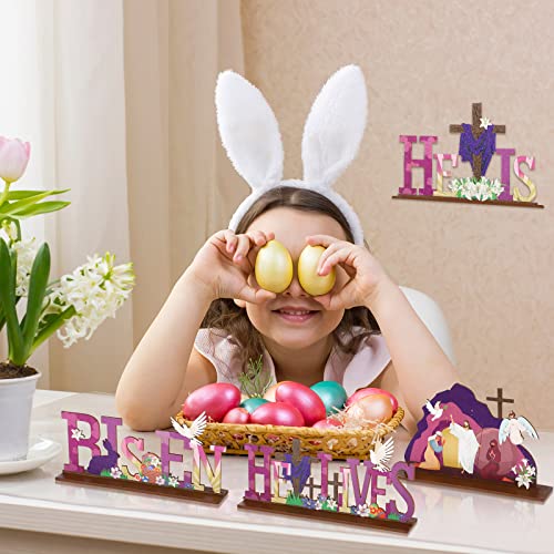 4 Pcs Easter Table Decorations He Is Risen Tabletop Decorations Easter Resurrection Scene Wooden Signs Jesus Cross He Lives Table Centerpiece for Easter Religious Party Holiday Decor