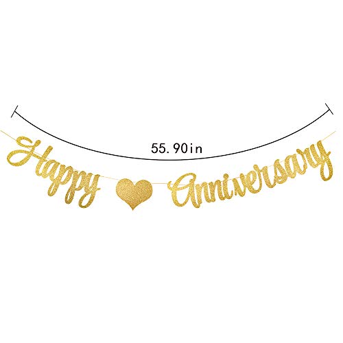 PALASASA Gold Glittery Happy Anniversary Banner for Wedding Anniversary Party Decorations