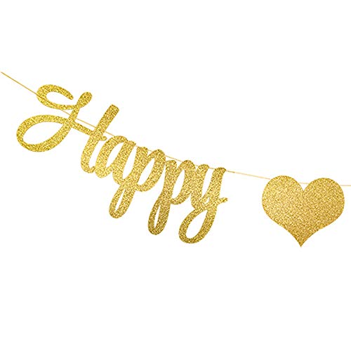 PALASASA Gold Glittery Happy Anniversary Banner for Wedding Anniversary Party Decorations