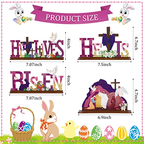 4 Pcs Easter Table Decorations He Is Risen Tabletop Decorations Easter Resurrection Scene Wooden Signs Jesus Cross He Lives Table Centerpiece for Easter Religious Party Holiday Decor