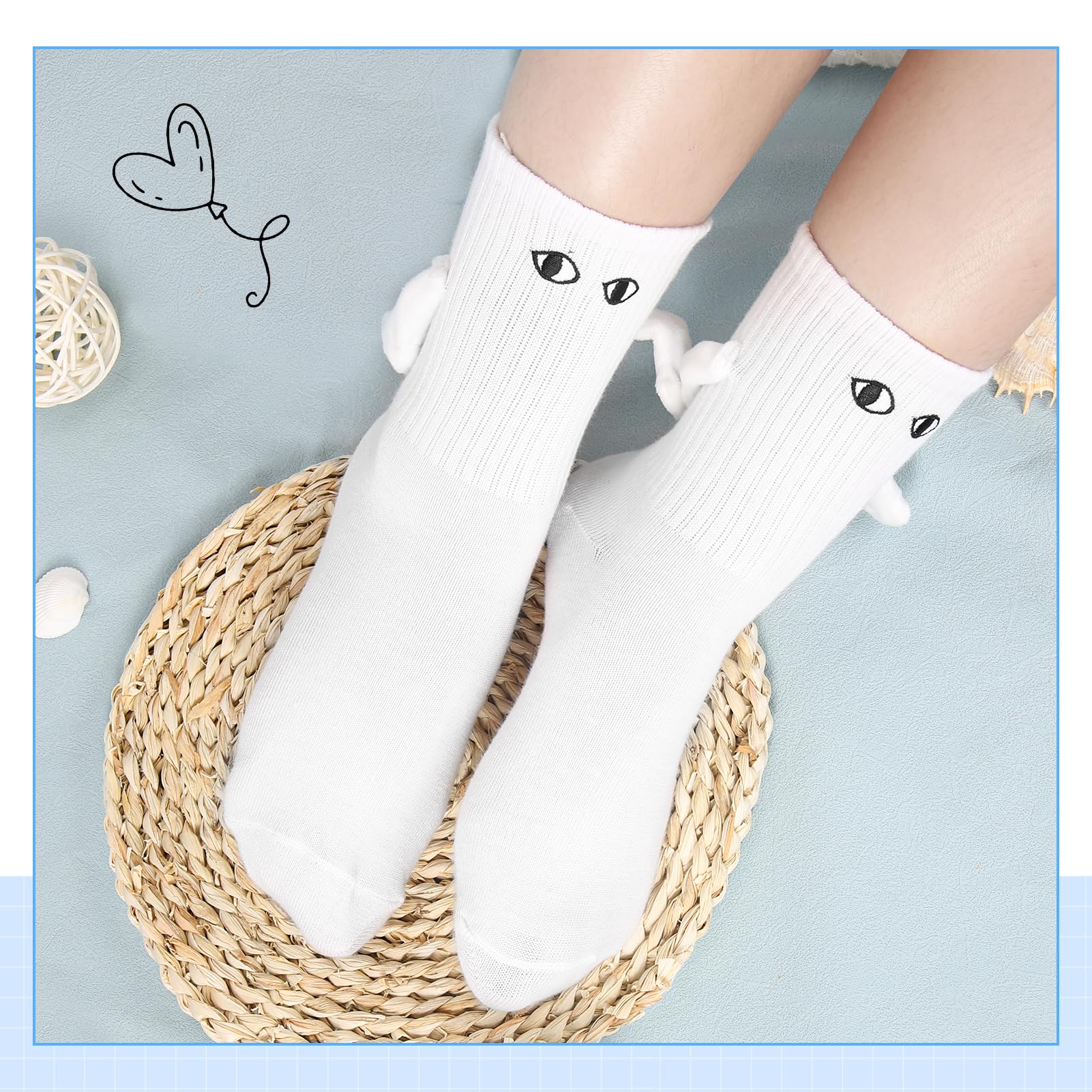 ahishfoneya Hand in Hand Socks Friendship Socks, 2 Pairs Magnetic Socks Hand Hold Friend Socks Funny 3D Doll Couple Socks (Cotton, A)