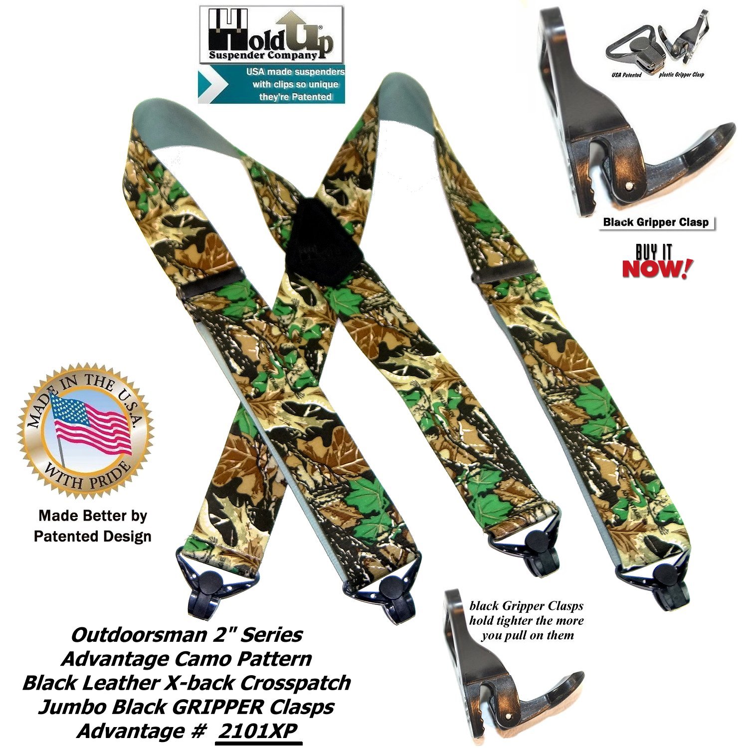 Holdup 2" Wide Outdoorsman Series Advantage Pattern Suspenders for Men with Composite Plastic USA Patented Gripper Clasp