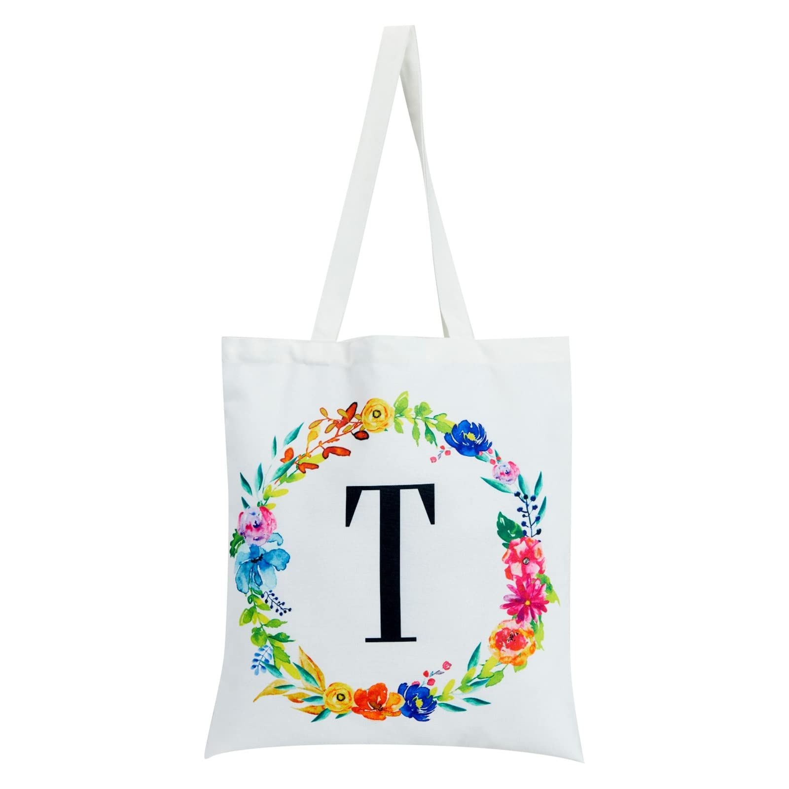 Okuna Outpost Set of 2 Reusable Monogram Letter T Personalized Canvas Tote Bags for Women, Floral Design (29 Inches)