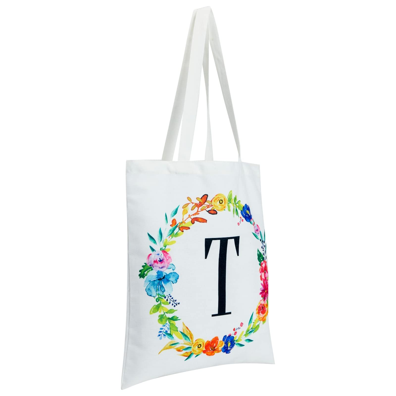 Okuna Outpost Set of 2 Reusable Monogram Letter T Personalized Canvas Tote Bags for Women, Floral Design (29 Inches)