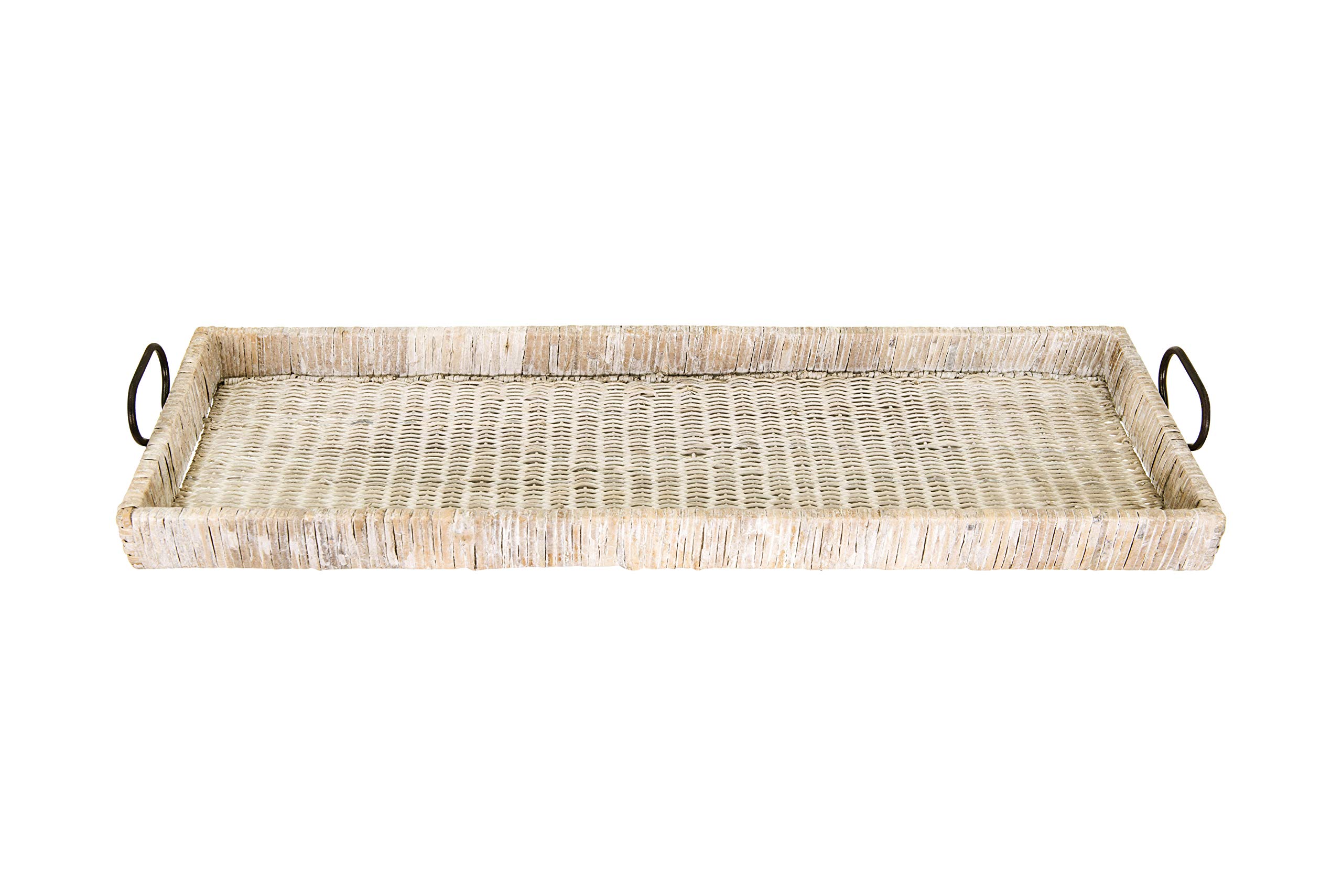 Creative Co-Op Oversize Decorative Rattan Tray with Metal Handles, Tan, Whitewashed