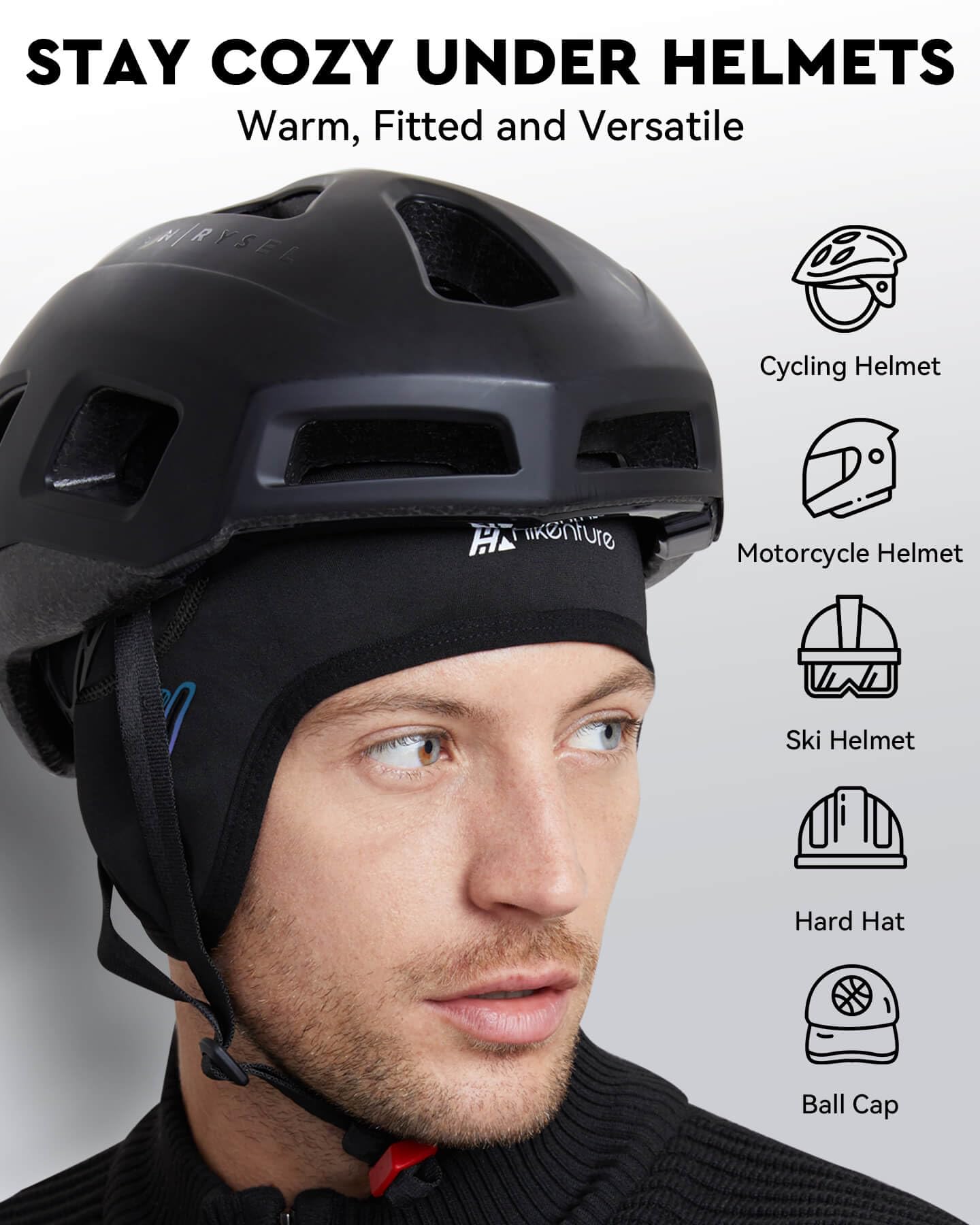 Hikenture Skull Cap Helmet Liner with Glasses Holes, Winter Thermal Cycling Cap for Men & Women, Cycling Hat Beanie Black