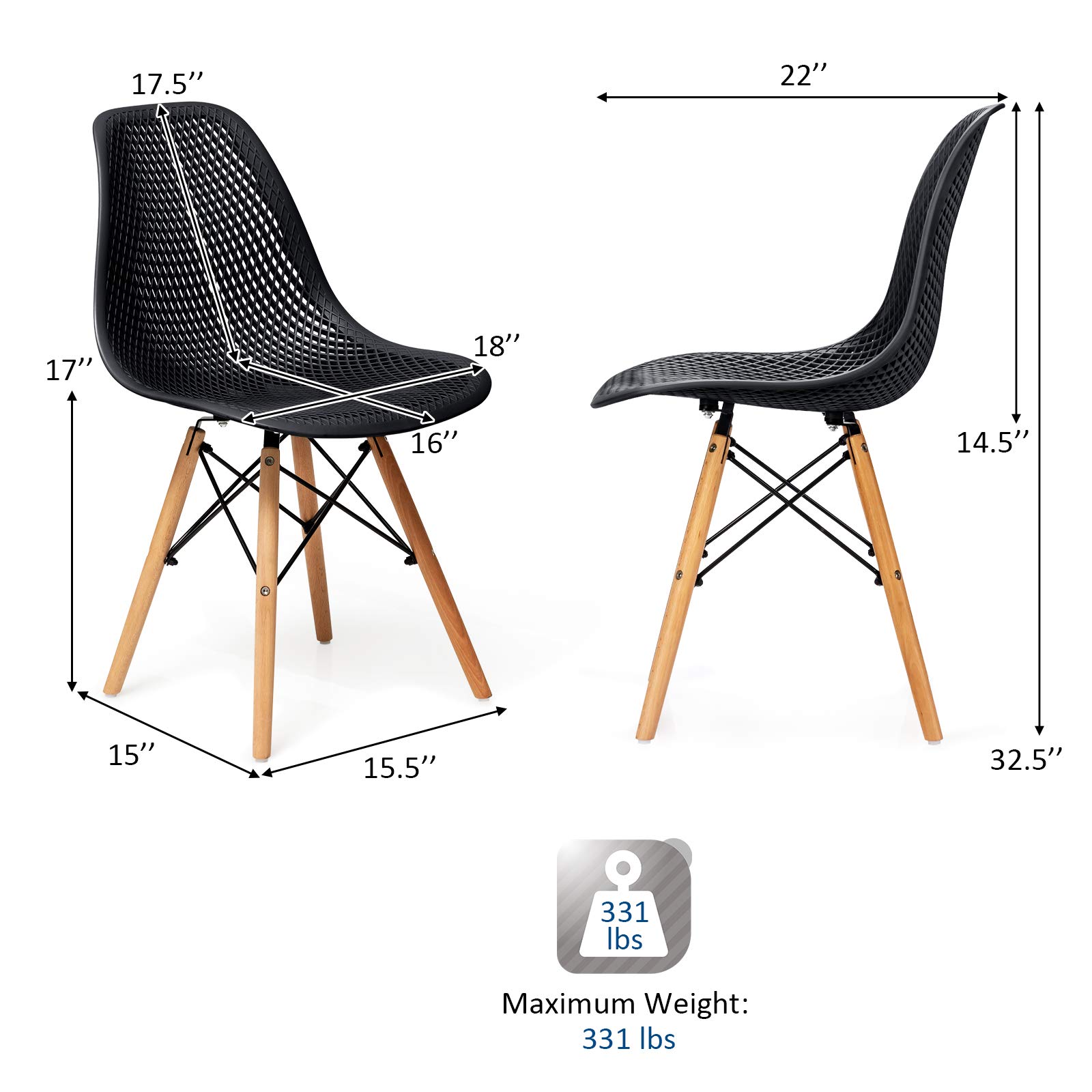 Giantex Set of 4 Modern Dining Chairs, Outdoor Indoor Shell PP Lounge Side Chairs with Mesh Design, Beech Wood Legs, Tulip Leisure Chairs, DSW Dining Chairs for Kitchen, Dining Room, Black