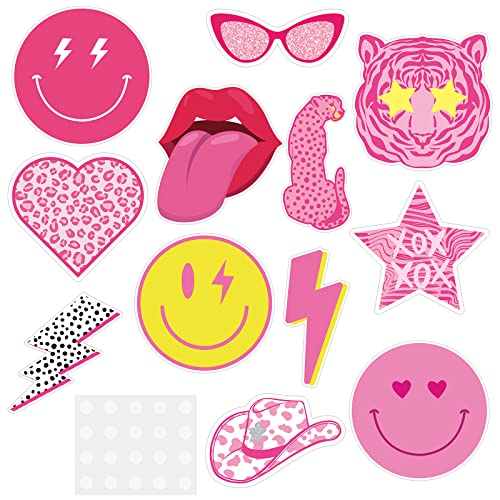 24 Pieces Preppy Theme Cutouts Preppy Party Decoration Pink Party Cut Outs Smile Face Favors Star Lightning Lips Cutouts for Preppy Style Birthday Wedding Baby Shower School Bulletin Board Supplies