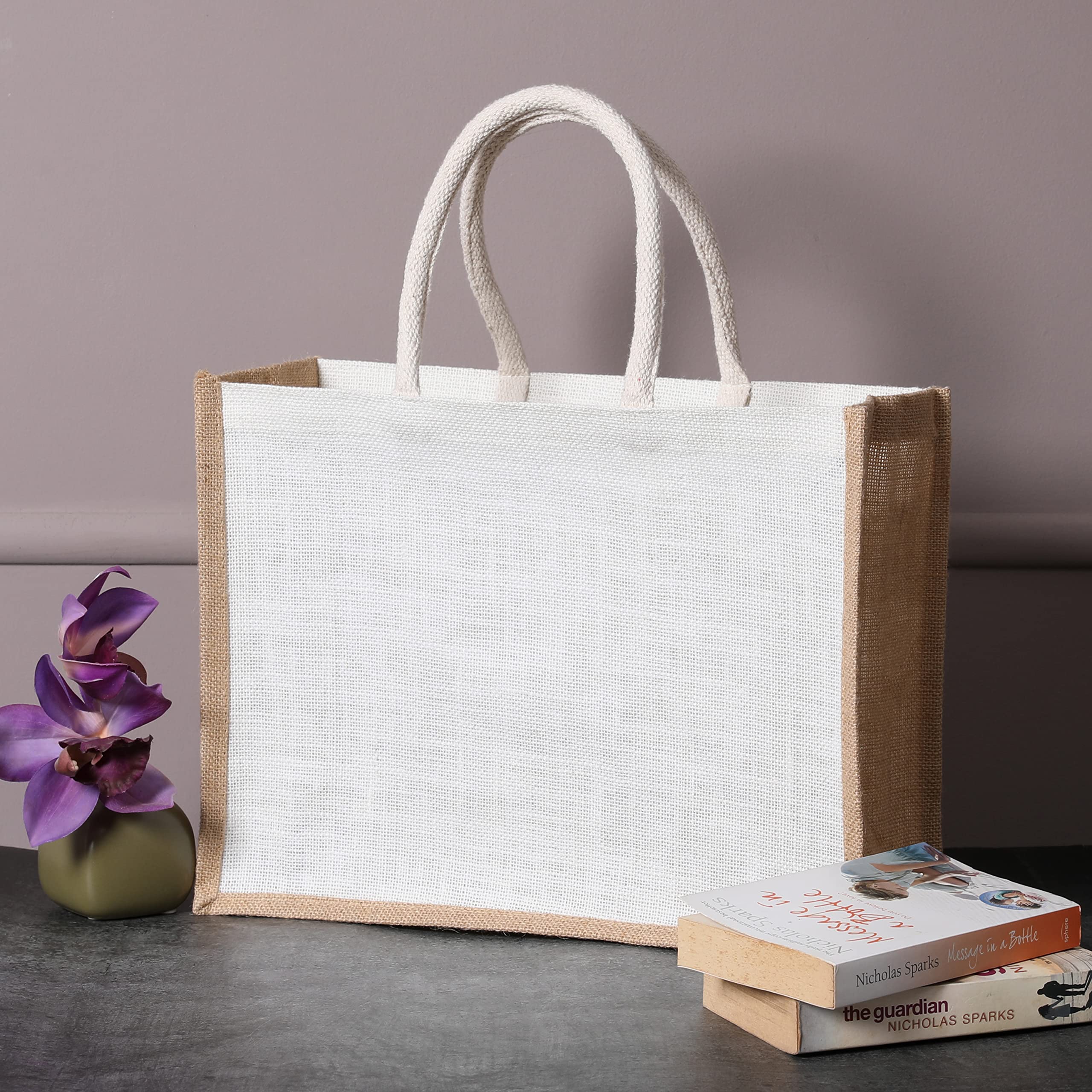 Pack of 5 White Jute Burlap Tote Bags with Handles, Natural Eco-friendly Reusable Grocery & Return Gifts Bag, Totes for Bridesmaids, Yogi's Gift®