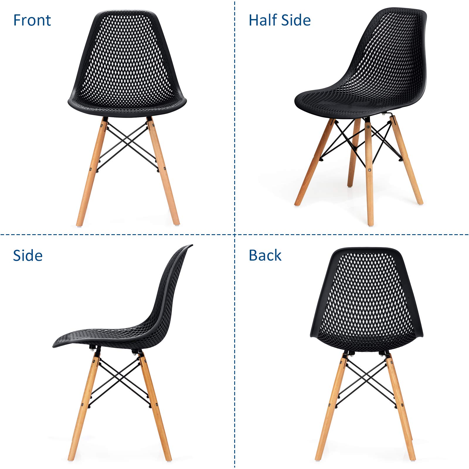 Giantex Set of 4 Modern Dining Chairs, Outdoor Indoor Shell PP Lounge Side Chairs with Mesh Design, Beech Wood Legs, Tulip Leisure Chairs, DSW Dining Chairs for Kitchen, Dining Room, Black