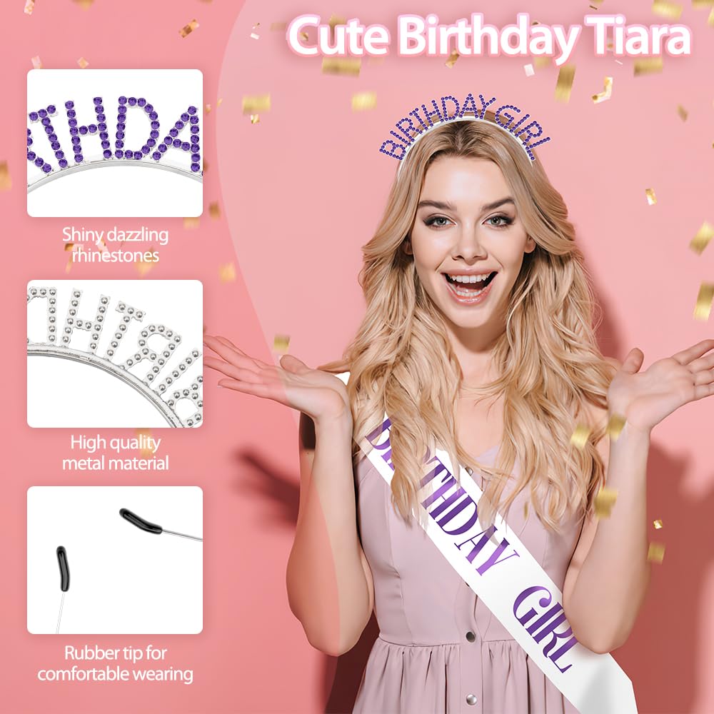 Birthday Girl Tiara Set - Sash, Crown, and Rhinestone Headband for Women, Princess Accessories Gift