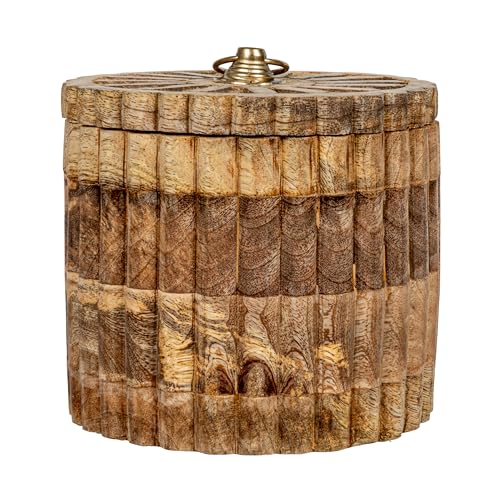 Creative Co-Op 5.75 Inches Round Carved Mango Wood Pleated Lid and Metal Pull, Natural and Antique Gold Finish Display Box