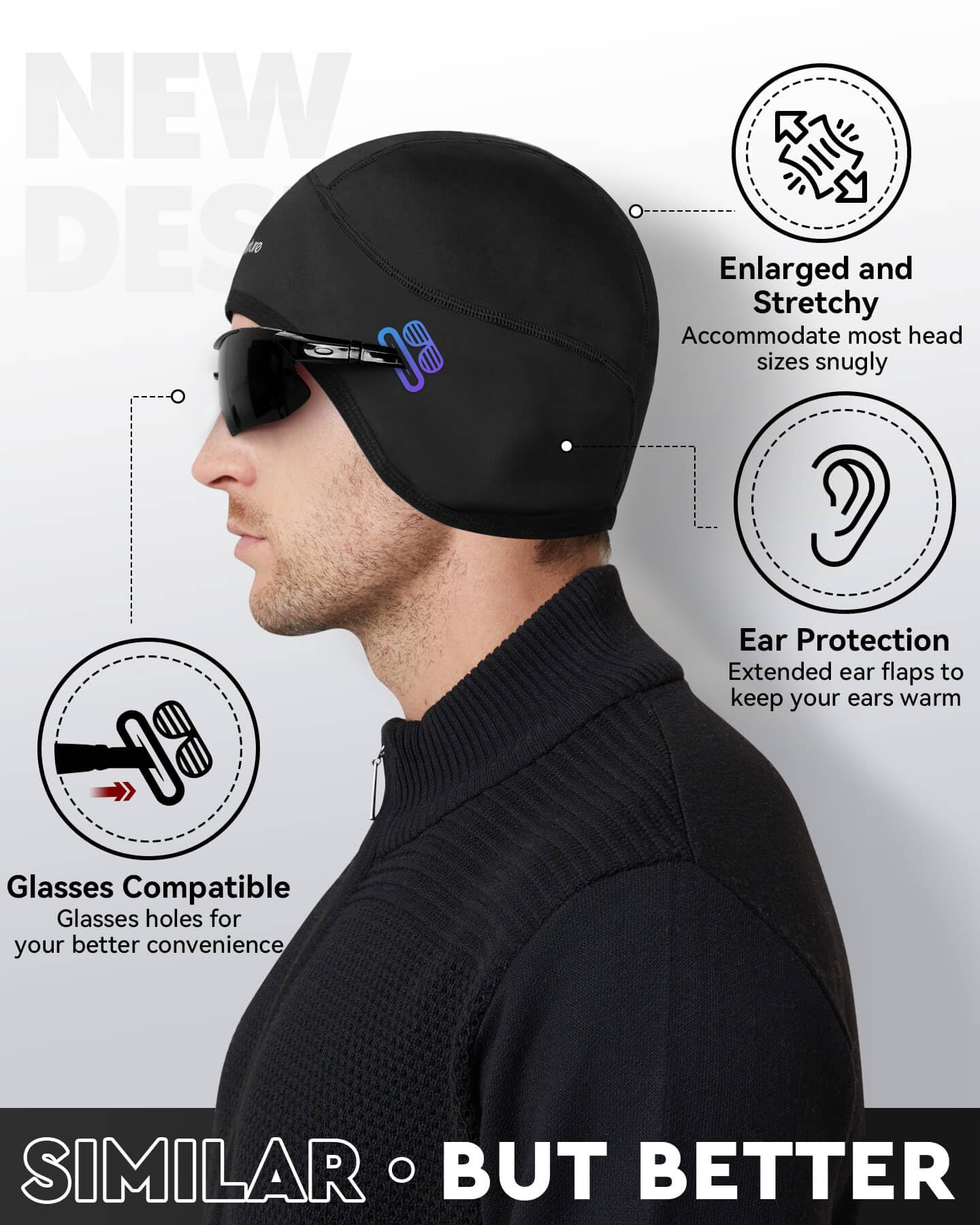 Hikenture Skull Cap Helmet Liner with Glasses Holes, Winter Thermal Cycling Cap for Men & Women, Cycling Hat Beanie Black