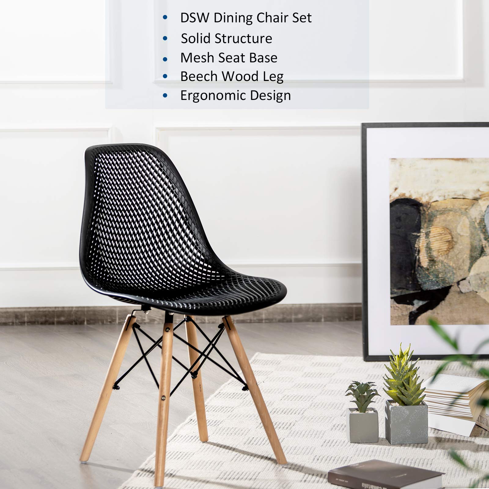 Giantex Set of 4 Modern Dining Chairs, Outdoor Indoor Shell PP Lounge Side Chairs with Mesh Design, Beech Wood Legs, Tulip Leisure Chairs, DSW Dining Chairs for Kitchen, Dining Room, Black