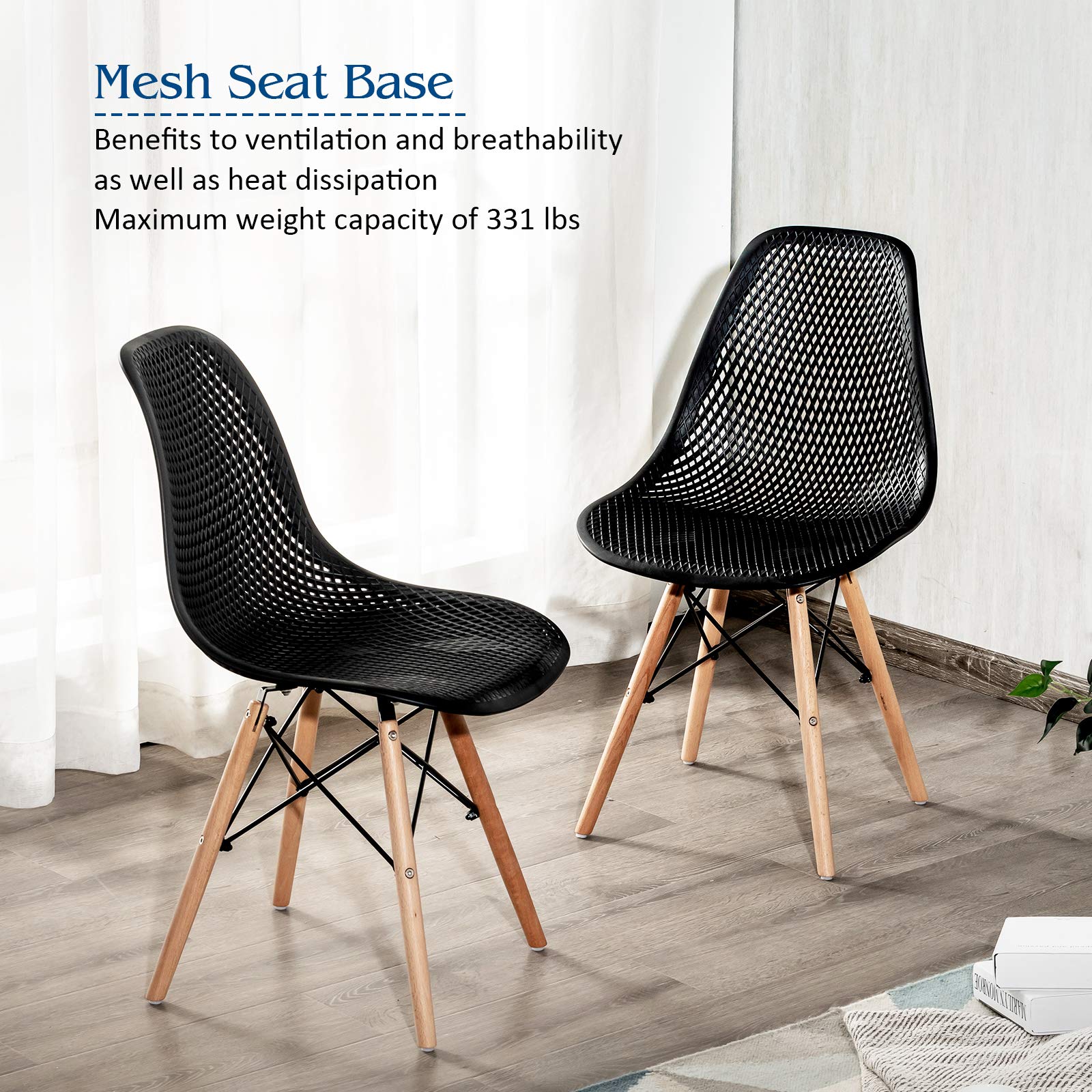 Giantex Set of 4 Modern Dining Chairs, Outdoor Indoor Shell PP Lounge Side Chairs with Mesh Design, Beech Wood Legs, Tulip Leisure Chairs, DSW Dining Chairs for Kitchen, Dining Room, Black