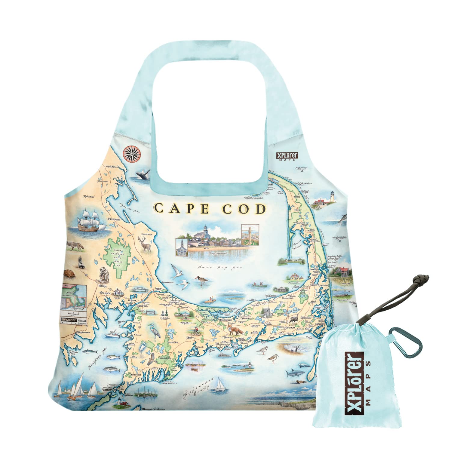 Xplorer Maps Cape Cod Map Nylon Pouch Tote Bag with Handles - Reusable, Eco-friendly Shopping Bag, Washable, 18" wide by 25" tall