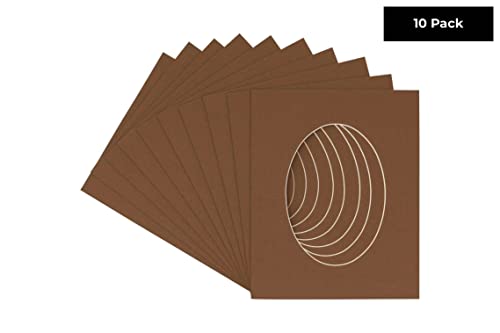 CountryArtHouse Aged Oak Brown Acid Free 10x14 Oval Picture Frame Mat with White Core Bevel Cut for 8x12 Pictures - Fits 10x14 Frame - Pack of 10 Matboards