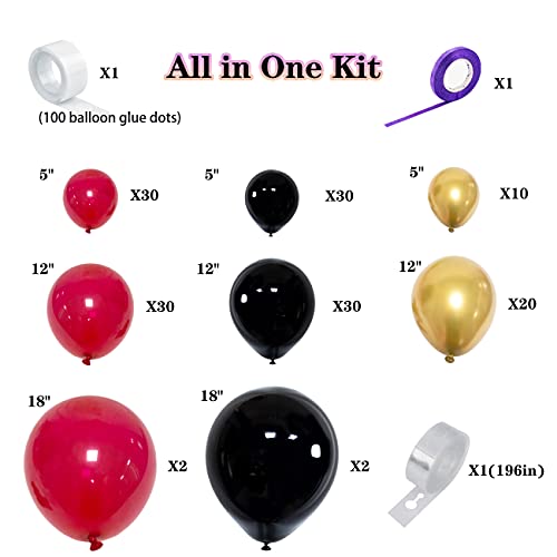 157Pcs Red Black Balloon Garland Arch Kit, Large Small Medium Metallic Gold Diy Balloons for Baby Shower Party Birthday Wedding Graduation Decorations