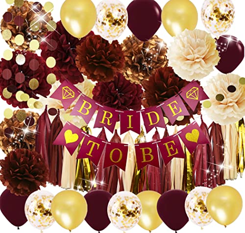 Bridal Shower Decorations Burgundy Champagne Gold Fall Bachelorette Party Decorations/Big Size Tissue Pom Pom Maroon Gold Balloons Bride To Be Banner for EngagementBurgundy Fall Wedding