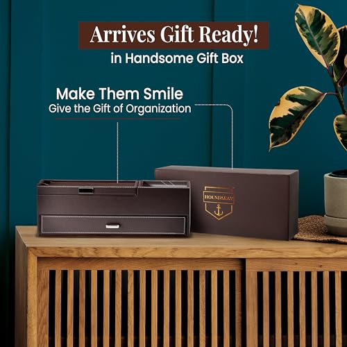 HOUNDSBAY Valet Tray and Nightstand Organizer - Hand Crafted EDC Tray with Phone Area, Cable Cutaway, Drawer – Durable, Scratch Resistant Materials - Compact Footprint with Ample Storage - Valet Box