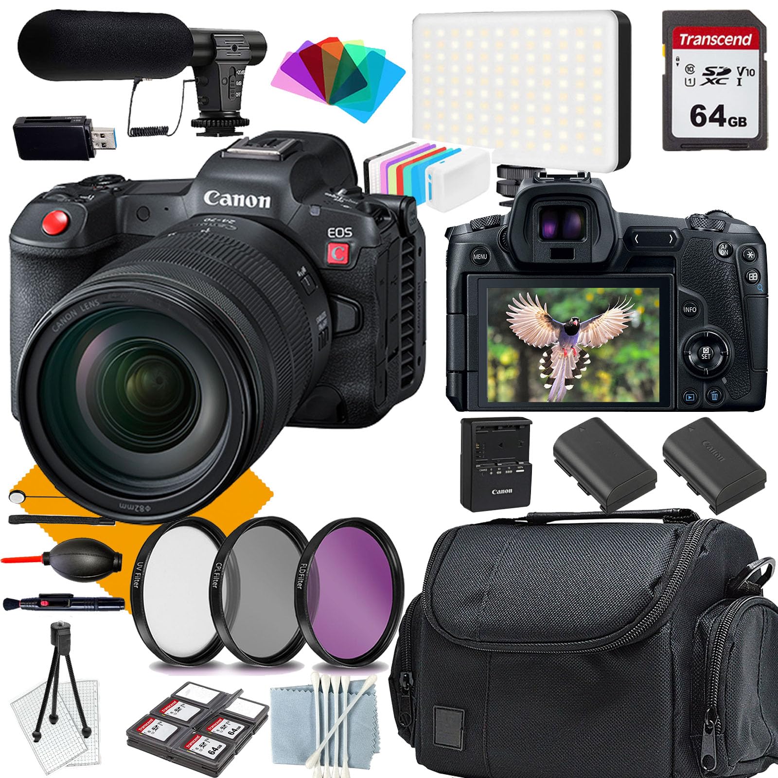 Canon EOS R5 C Mirrorless Cinema Camera 24-105STM Lens + Commander Starter Kit + Lens Filters + CASE + 64GB Memory Card+Extra Battery+Shot-Gun Microphone (18PC Bundle) (Renewed)