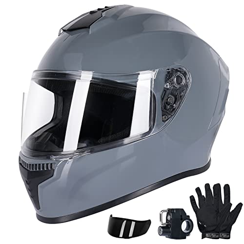 Full Face Motorcycle Street Bike Helmet with Motorcycle Gloves for Men and Women + 2 Visors DOT Model and Helmet Lock for BMX ATV MTB Riding, Road Racing, Cycling(MH-Dark Grey, Small)