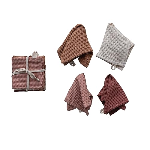 Creative Co-Op Square Woven Linen and Cotton Waffle Kitchen Multicolor, Set of 4 Dish Cloth, Multi