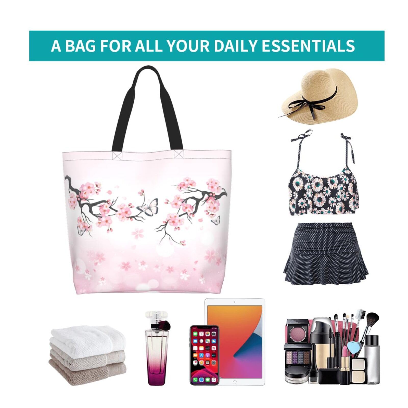 Dixmavly Cherry Blossoms Women'S Tote Bag Beach Bag Waterproof Tote Bag Reusable Shopping Bag Travel Gym Shopping