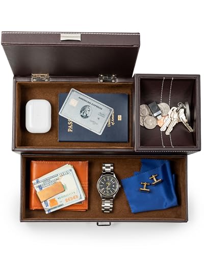 HOUNDSBAY Valet Tray and Nightstand Organizer - Hand Crafted EDC Tray with Phone Area, Cable Cutaway, Drawer โ Durable, Scratch Resistant Materials - Compact Footprint with Ample Storage - Valet Box