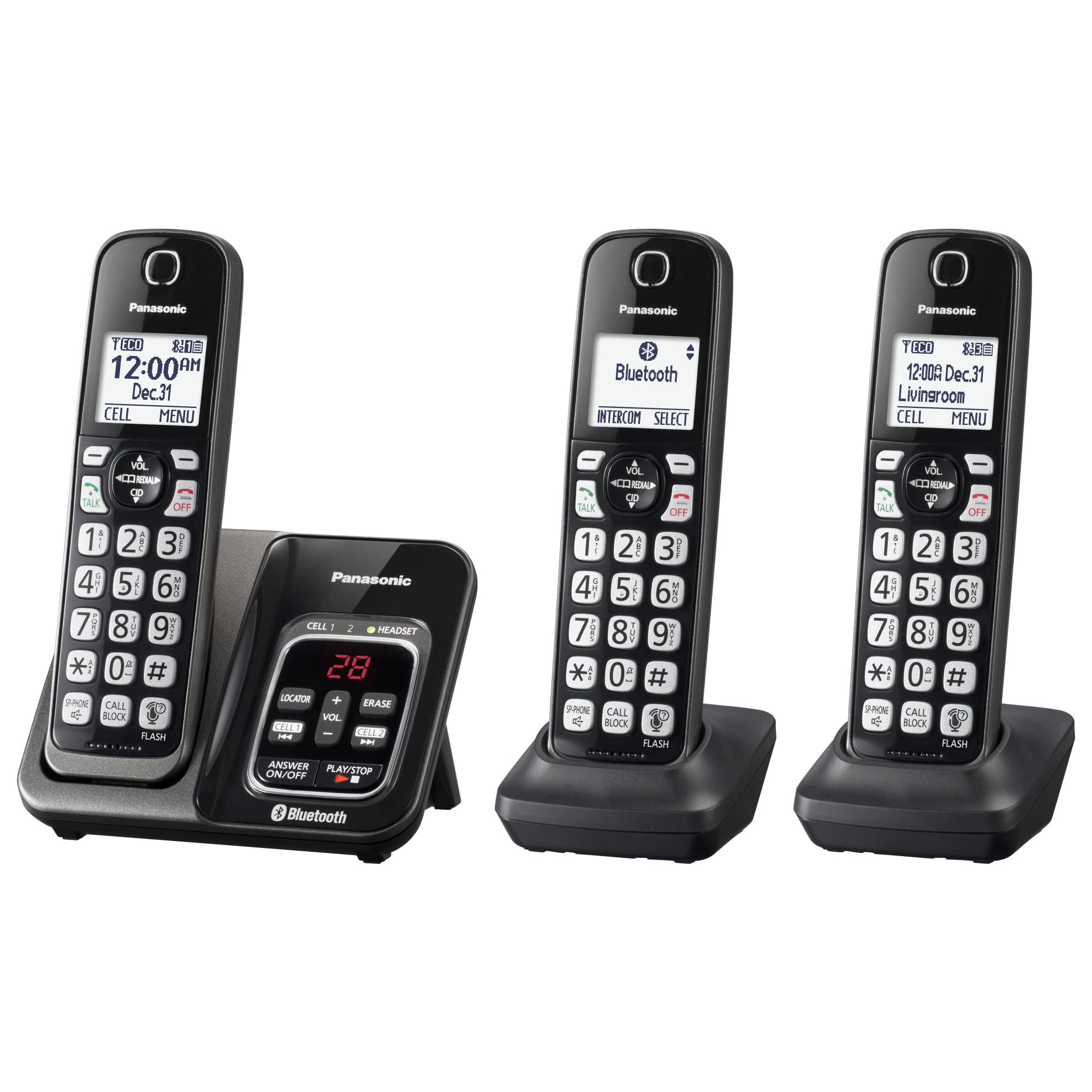 PANASONIC Expandable Cordless Phone System with Link2Cell Bluetooth, Voice Assistant, Answering Machine and Call Blocking - 3 Cordless Handsets - KX-TGD563M (Metallic Black)