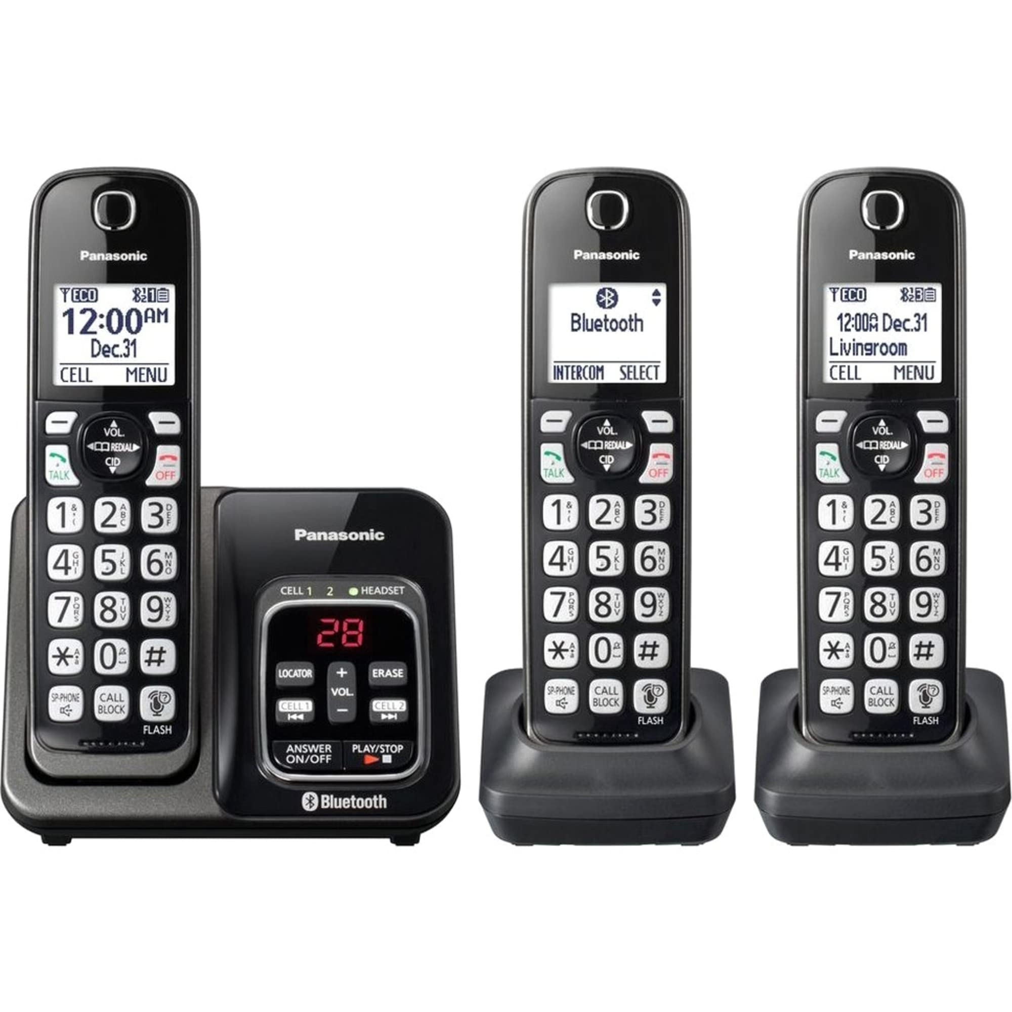 PANASONIC Expandable Cordless Phone System with Link2Cell Bluetooth, Voice Assistant, Answering Machine and Call Blocking - 3 Cordless Handsets - KX-TGD563M (Metallic Black)