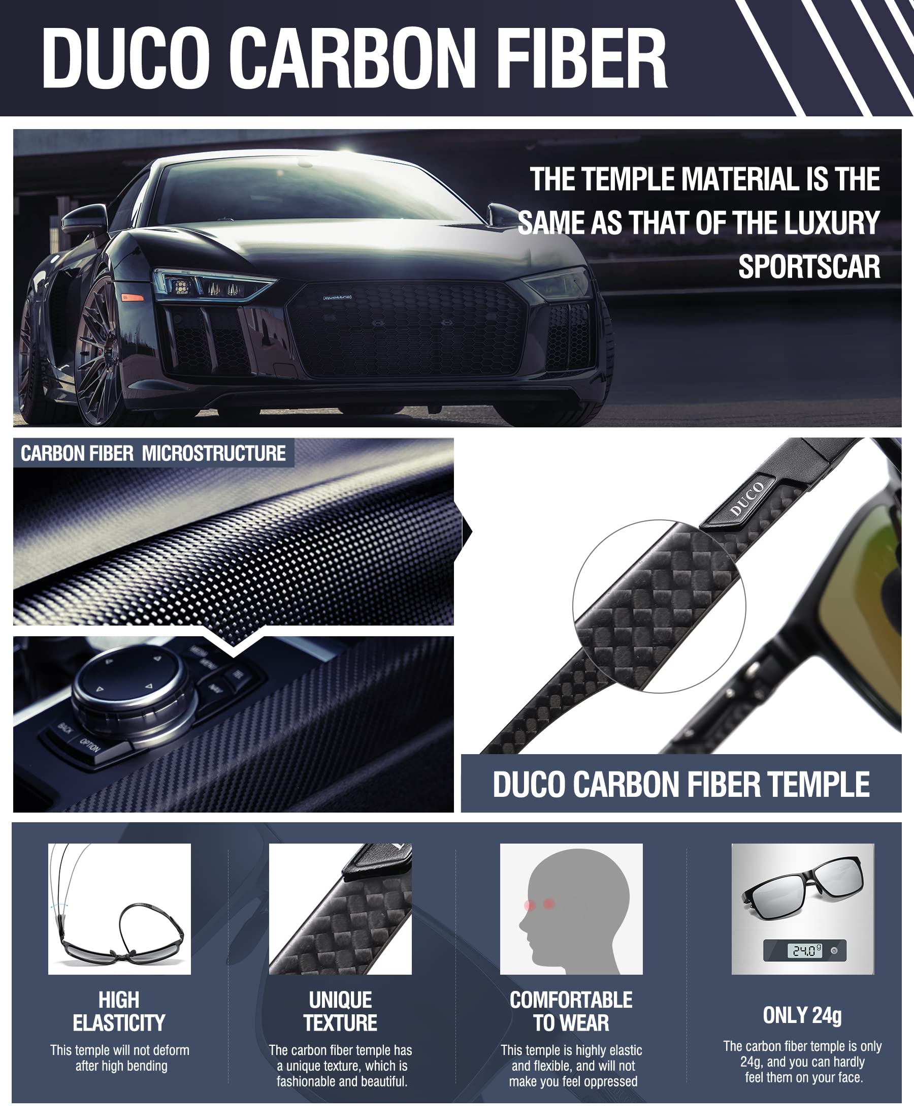 DUCO Square Polarized Sunglasses for Men LightWeight Carbon Fiber UV400 Protection Sun Glasses 8206