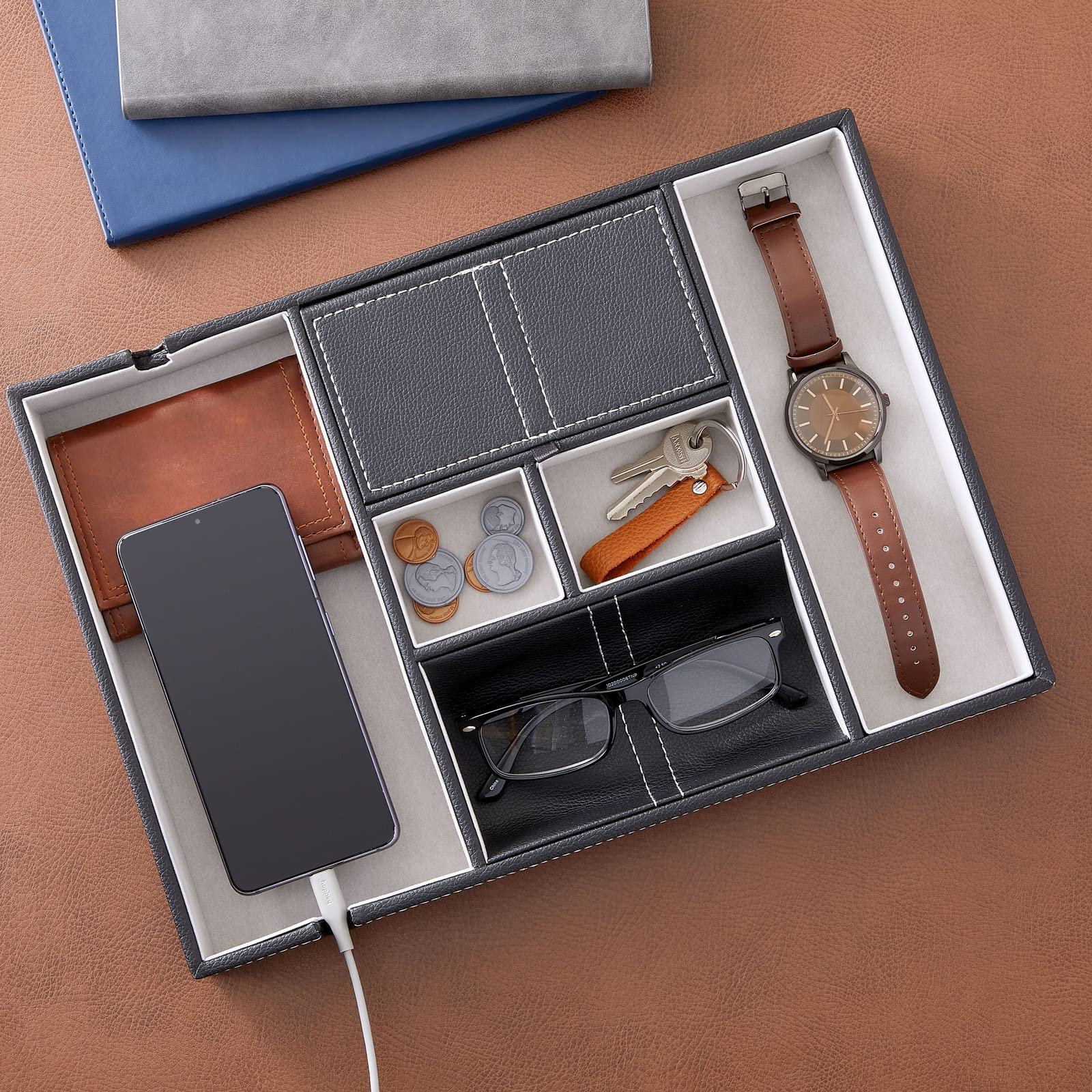 Juvale Leather Valet Catchall Tray for Men with 6 Compartments - Bedside Nightstand Organizer for Phones (Black)