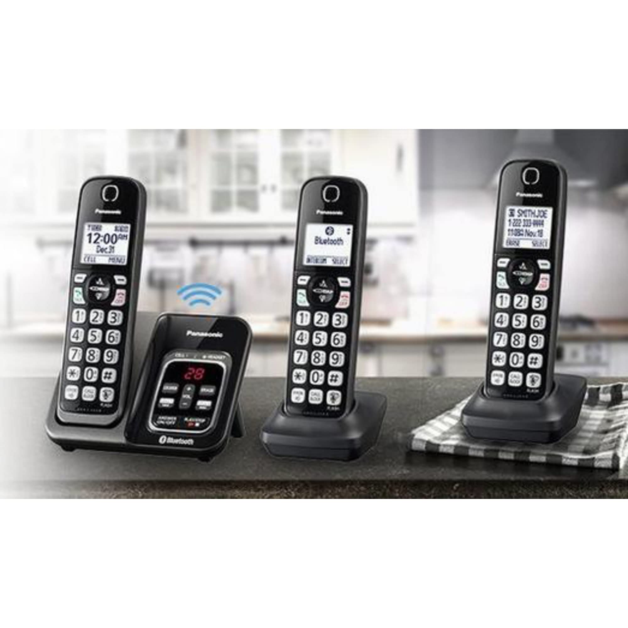 PANASONIC Expandable Cordless Phone System with Link2Cell Bluetooth, Voice Assistant, Answering Machine and Call Blocking - 3 Cordless Handsets - KX-TGD563M (Metallic Black)
