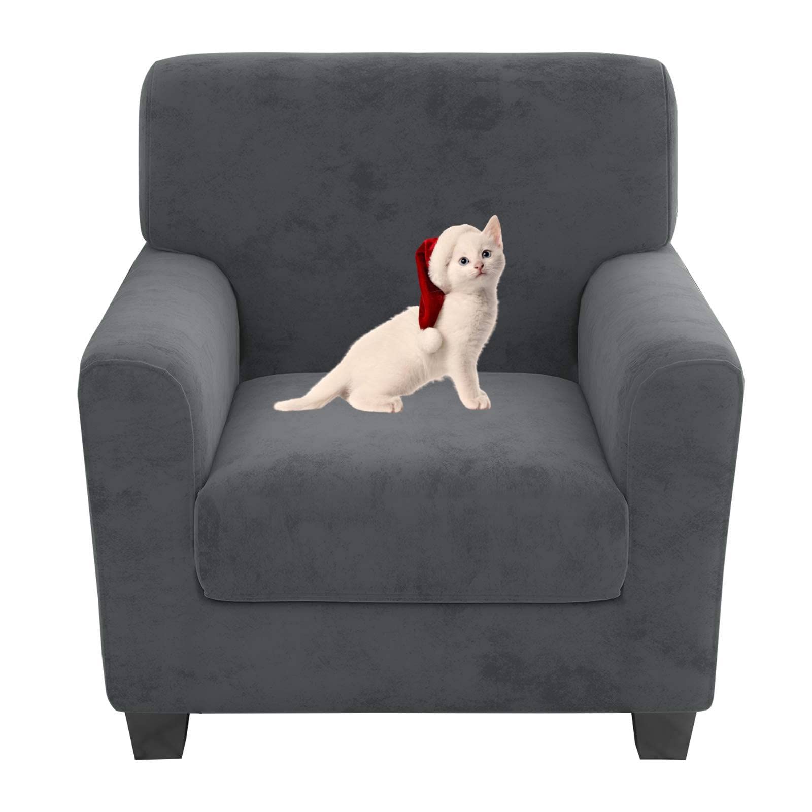 XYMHUN Velvet Armchair Covers 2 Pieces Chair Covers for Living Room Super Stretch Anti Slip Chair Slipcovers with Arms Dogs Pets Armchair Furniture Protector with Elastic Bottom (Grey, Chair)