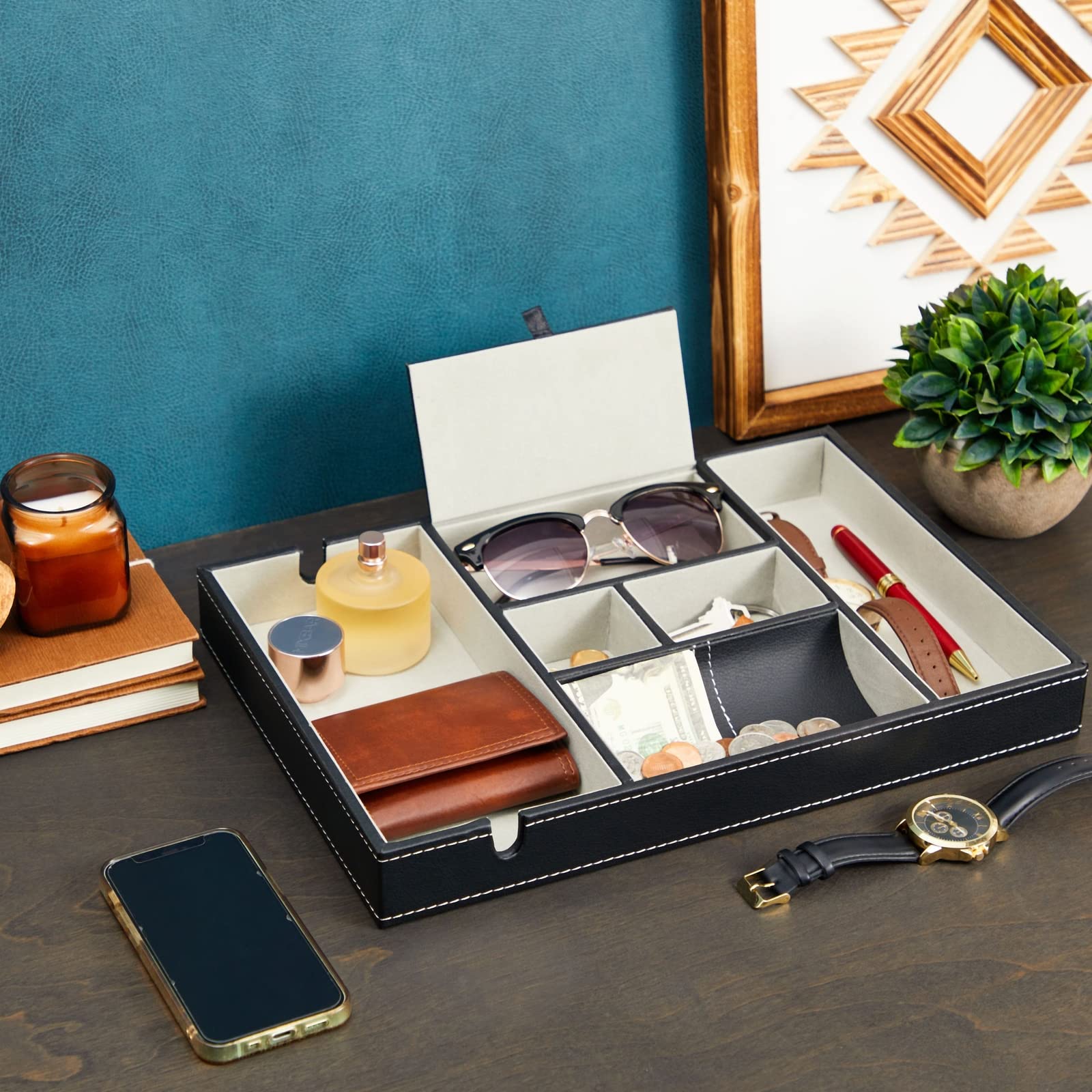 Juvale Leather Valet Catchall Tray for Men with 6 Compartments - Bedside Nightstand Organizer for Phones (Black)