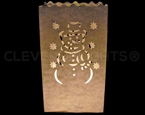 CleverDelights White Luminary Bags - 10 Count - Snowman Design - Wedding Party Christmas Holiday Luminaria