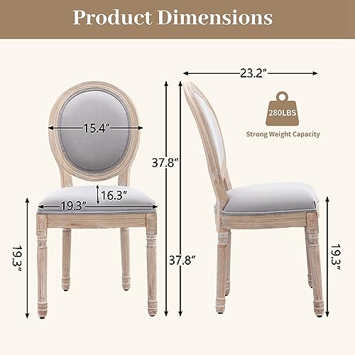 civama Dining Chairs Set of 4 French Vintage, Mid Century Upholstered Farmhouse Fabric Chair with Round Backrest and Solid Rubberwood Leg for Dining Room Bedroom Kitchen Restaurant, Light Grey