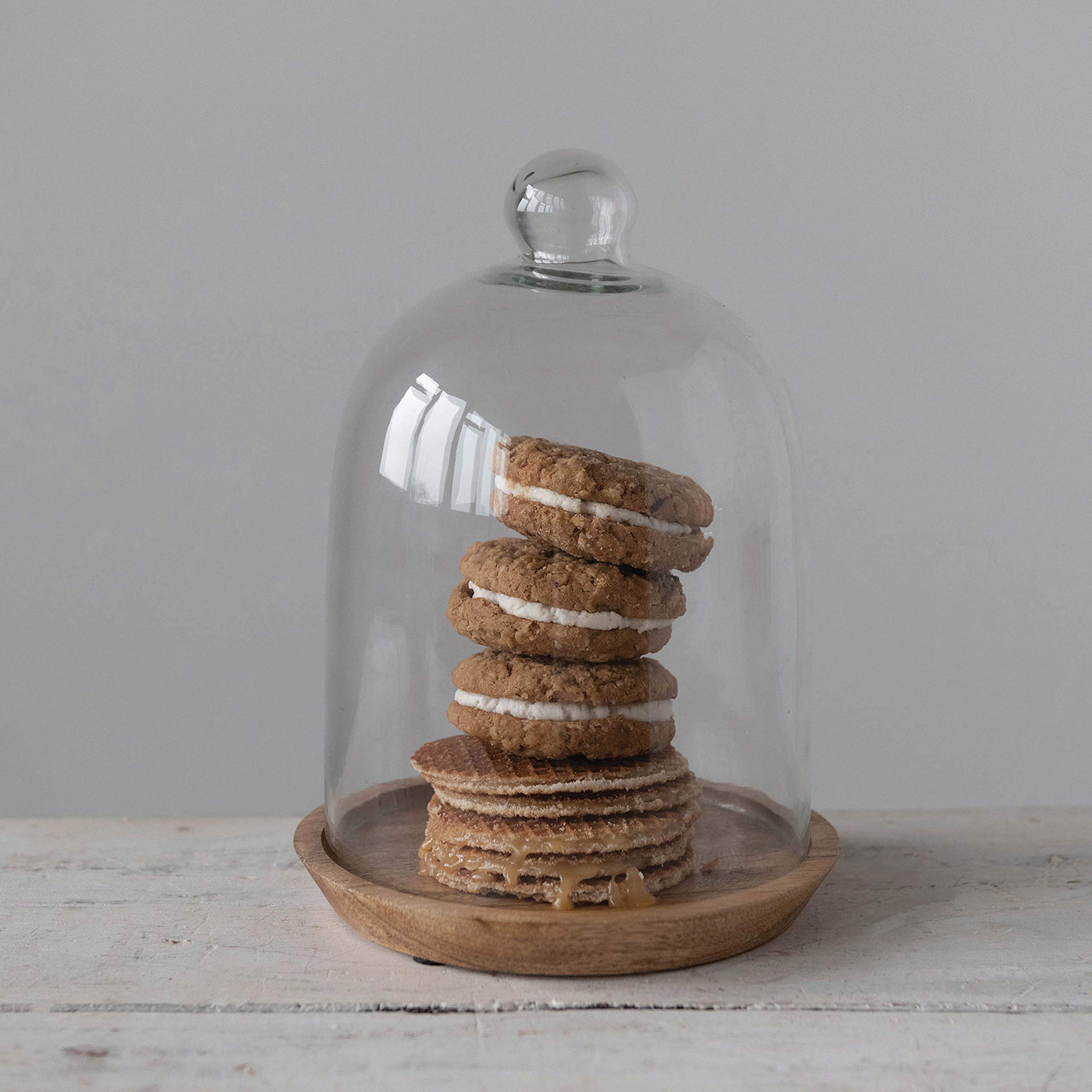 Creative Co-Op Glass Mango Wood Base Cloche, 6-3/4" Round x 8-3/4"H, Clear