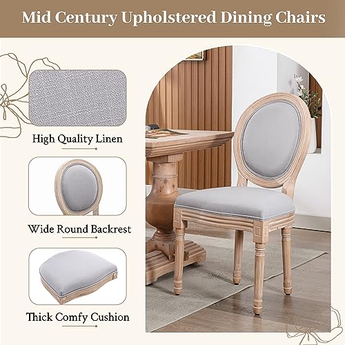 civama Dining Chairs Set of 4 French Vintage, Mid Century Upholstered Farmhouse Fabric Chair with Round Backrest and Solid Rubberwood Leg for Dining Room Bedroom Kitchen Restaurant, Light Grey